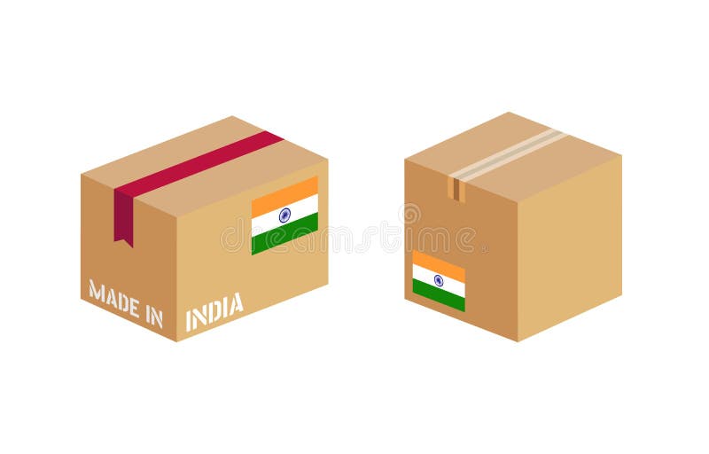 Box with India Flag Icon Set, Cardboard Delivery Package Made in India ...