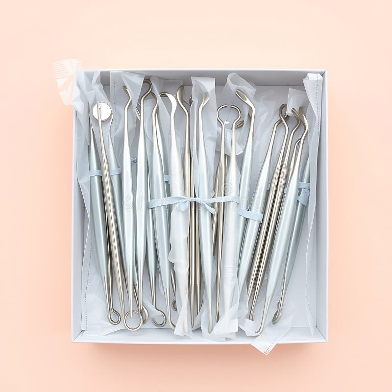 A Box of Individually Wrapped Dental Instruments on a Pastel Peach ...