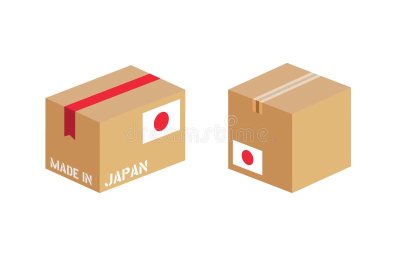 Box with Japan Flag Icon Set, Cardboard Delivery Package Made in Japan ...
