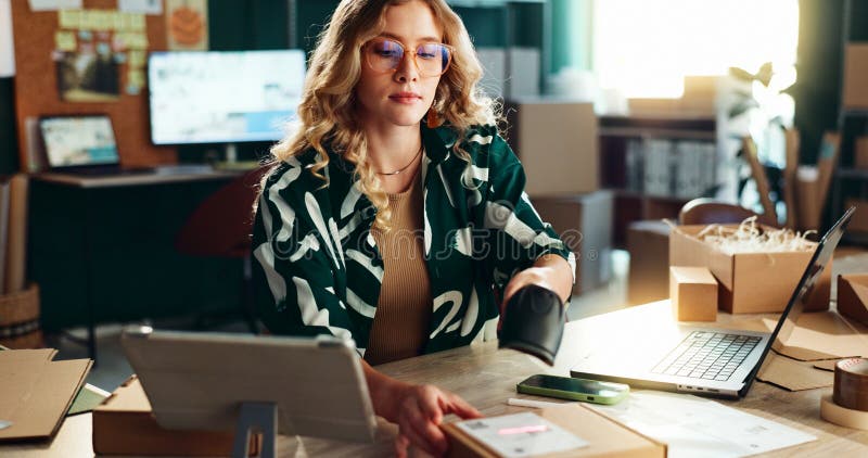 Box, Logistics and Scanner with Woman in Office for Delivery ...