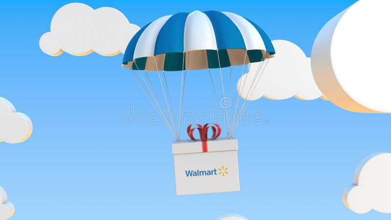 WALMART Logo on Moving Box Moves Under Parachute. Editorial 3D ...