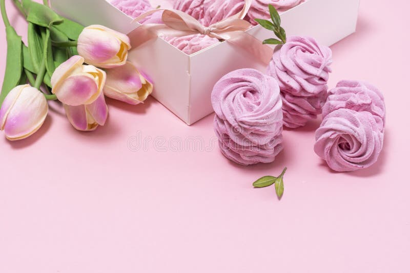 Box with Marshmallows on a Pink Background. Place for Text. Pink ...