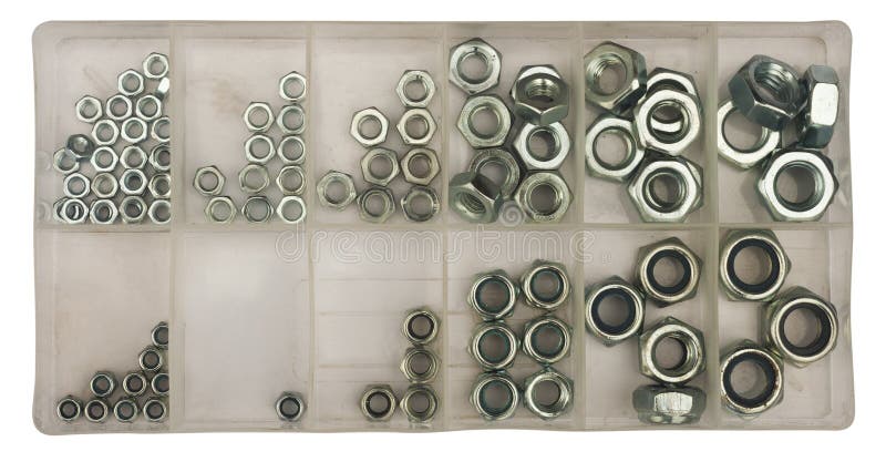 Box with metallic nut set stock image. Image of bolt - 144325125