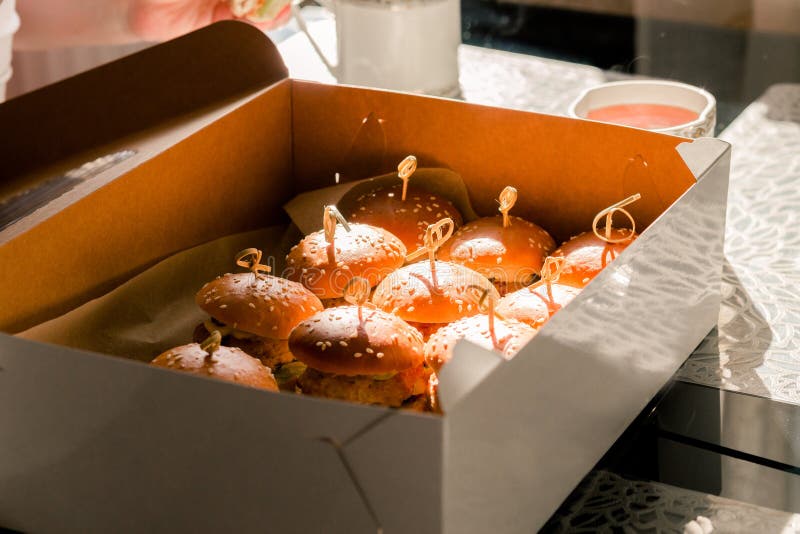 Box of Mini Burgers on the Table. Home Delivery Stock Image - Image of ...