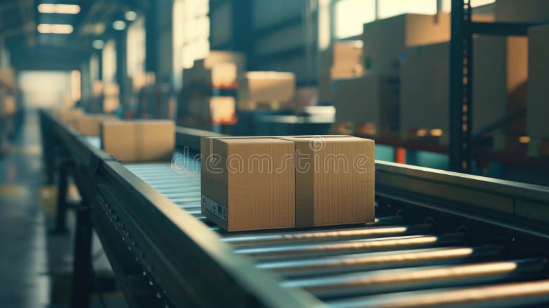 A Box Moving on a Conveyor Belt in a Warehouse. Suitable for Logistics ...