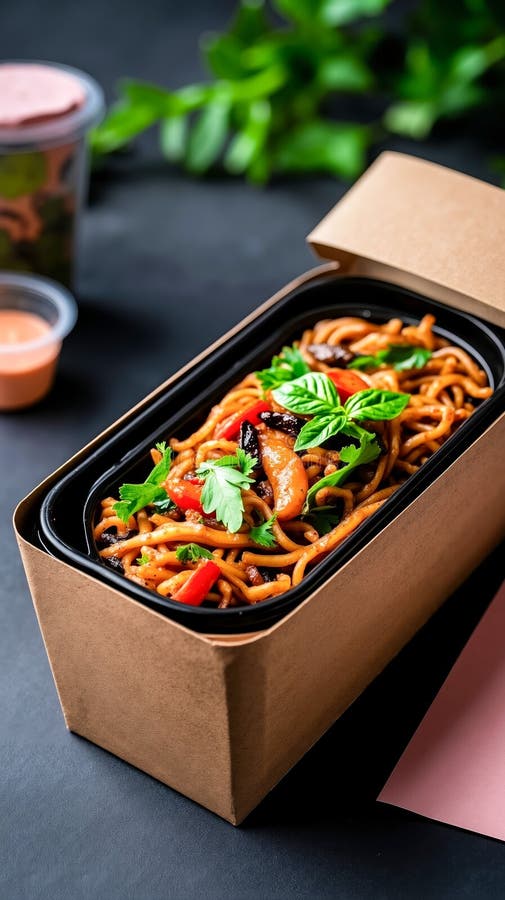 A Box of Noodles with Vegetables and Sauce on a Table Stock Image ...