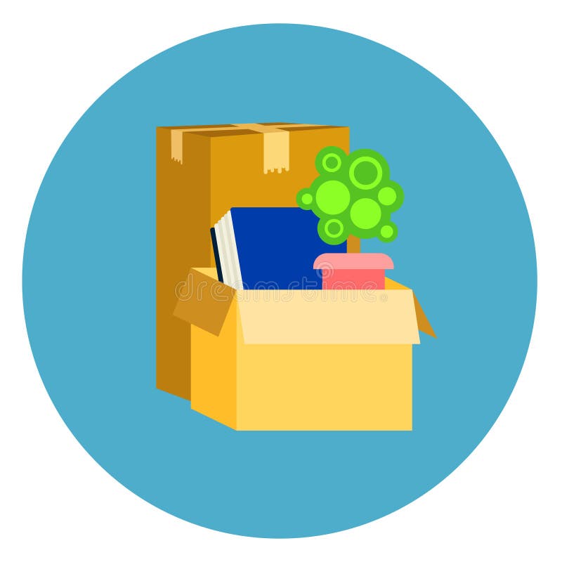 Box with Office Stuff Icon on Blue Round Background Stock Vector ...