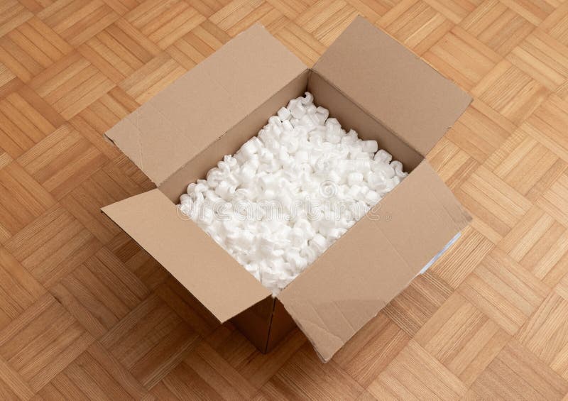 Box Packaging with Polystyrene Peanuts Inside Stock Photo - Image of ...