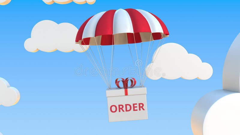 Box with ORDER Falls with a Parachute. Conceptual 3D Rendering Stock ...
