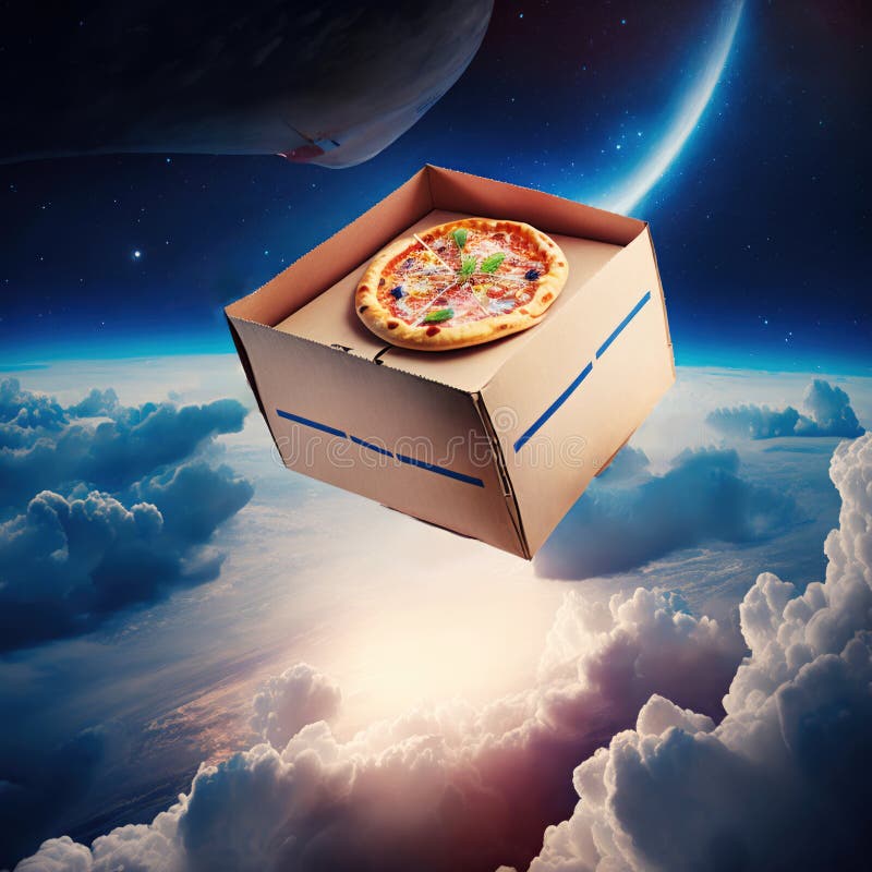 A Box of Pizza Flies in Space. Delivery Service from the Future Stock ...