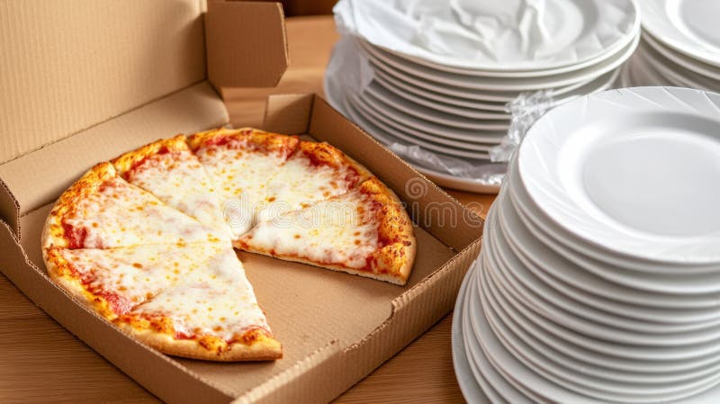 A Box of Pizza Sitting on Top of a Stack of Plates, AI Stock Image ...