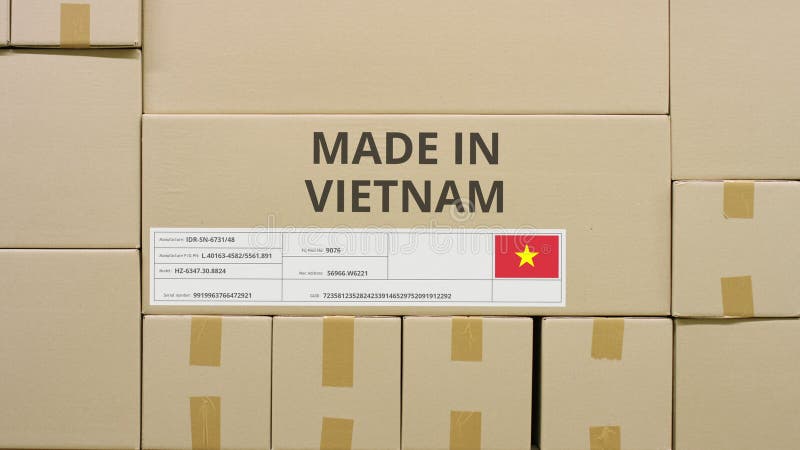 Box with Printed MADE in VIETNAM Text and Flag Sticker in a Warehouse ...