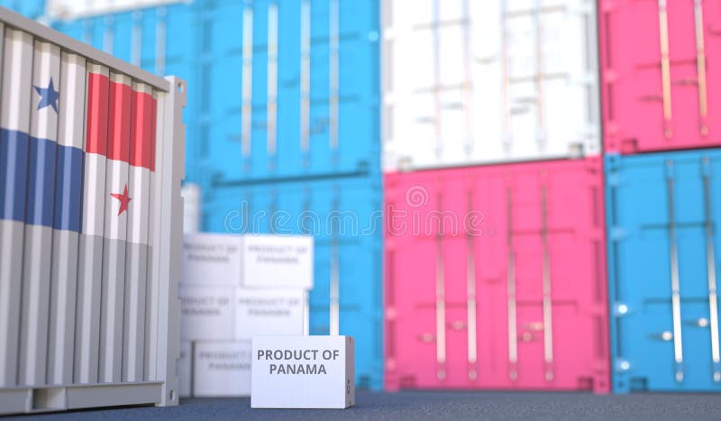 Box with PRODUCT of PANAMA Text and Cargo Containers. 3D Rendering ...