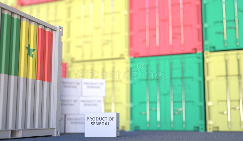 Box with PRODUCT of SENEGAL Text and Cargo Containers. 3D Rendering ...