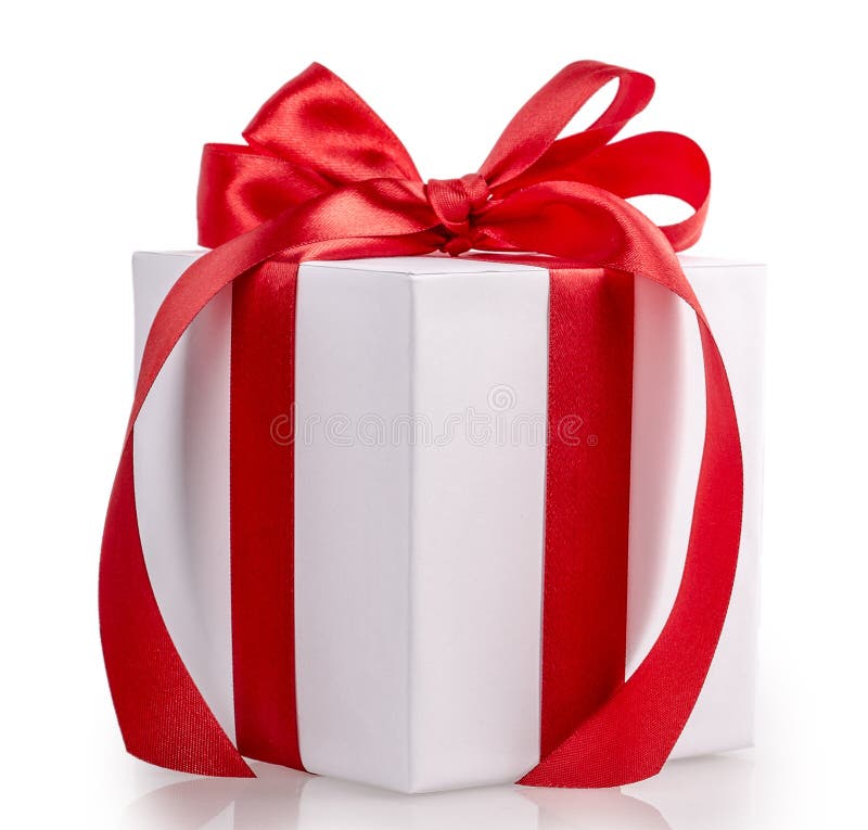 White Gift Box with Red Satin Ribbon Bow Stock Photo - Image of ...
