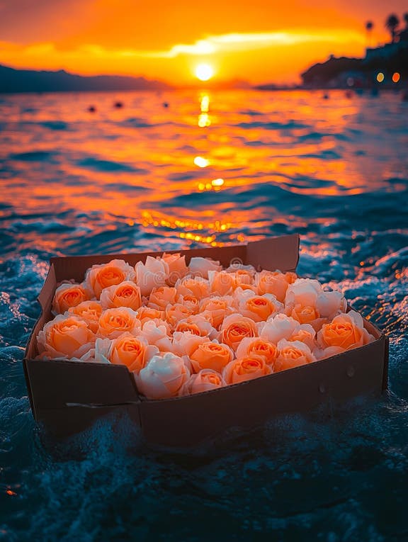 A Box of Roses Floating in the Ocean at Sunset Stock Photo - Image of ...