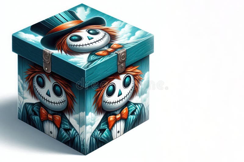 A Box with a Scary Cartoon Face, a Top Hat and an Orange Bow. Space for ...