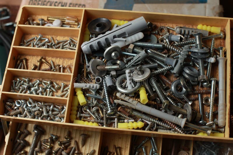Box with screws and dowels stock photo. Image of work - 30635390