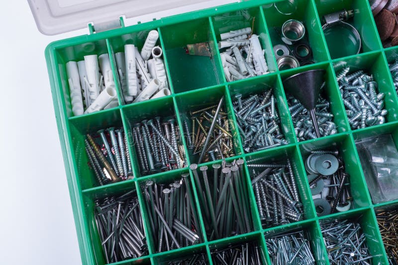 Box with Screws, Nails, Clamps in Different Sizes Stock Image - Image ...