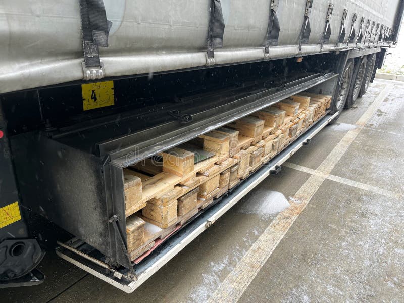 Box in a Semi-trailer with Stacked Wooden Pallets Stock Image - Image ...