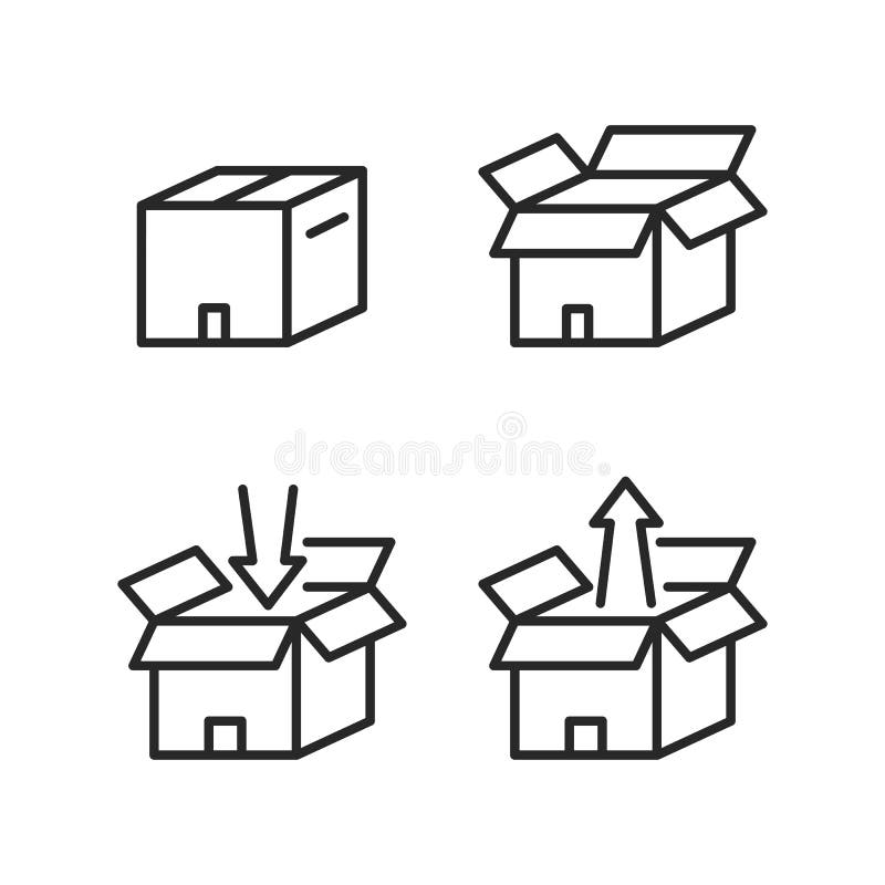 Box Set Flat Line Icons. Vector Illustration Open and Close Cardboard ...