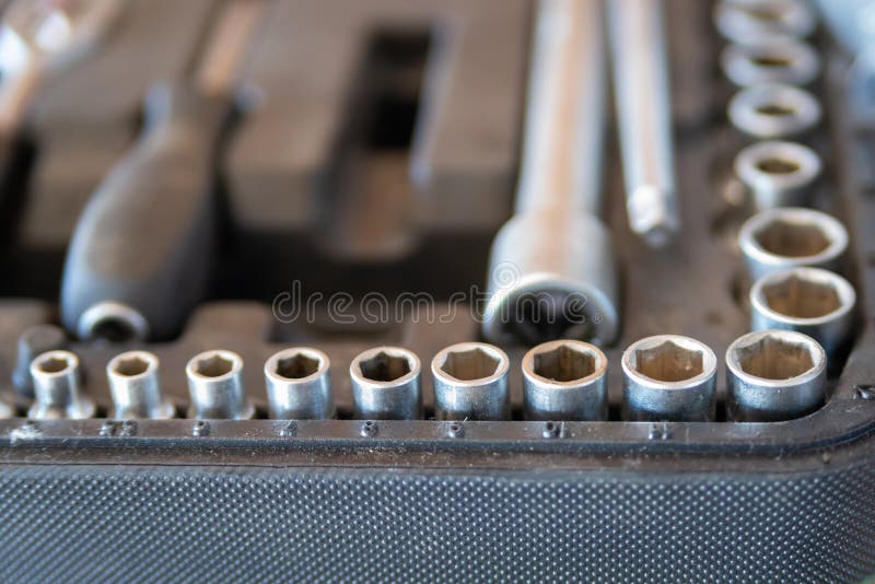Box with Set of Tools for Car Repair, Closeup Stock Photo - Image of ...