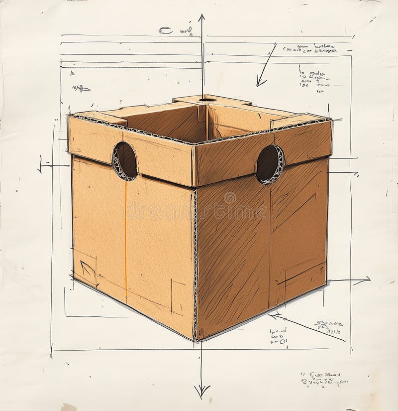Box Sketch HandDrawn Design of Cardboard Box with Technical Annotations ...