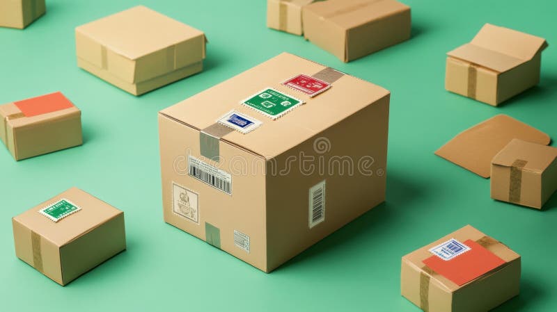 A Box with Stickers on it Surrounded by Other Boxes Stock Illustration ...