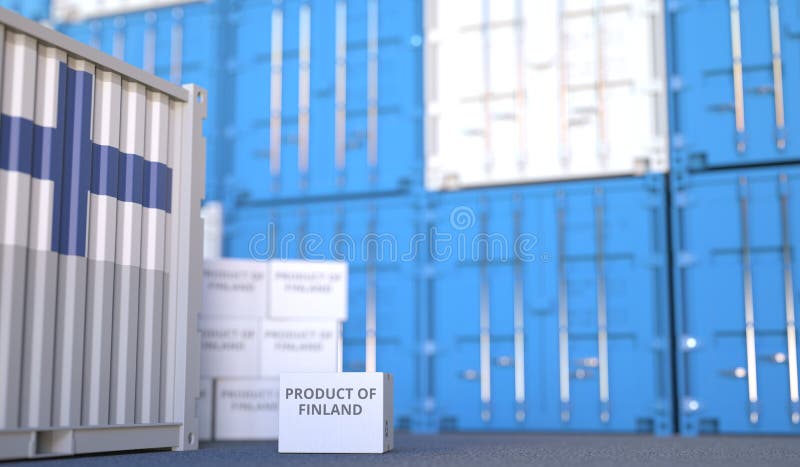PRODUCT of FINLAND Text on the Cardboard Box and Cargo Terminal Full of ...