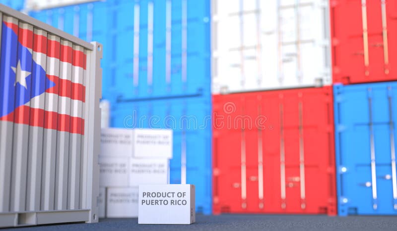 Box with PRODUCT of PUERTO RICO Text and Cargo Containers. 3D Rendering ...
