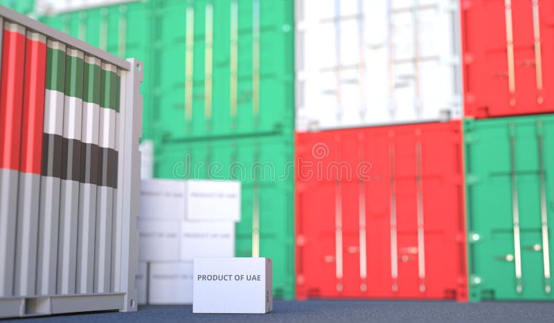 Box with PRODUCT of UAE Text and Cargo Containers. 3D Rendering Stock ...