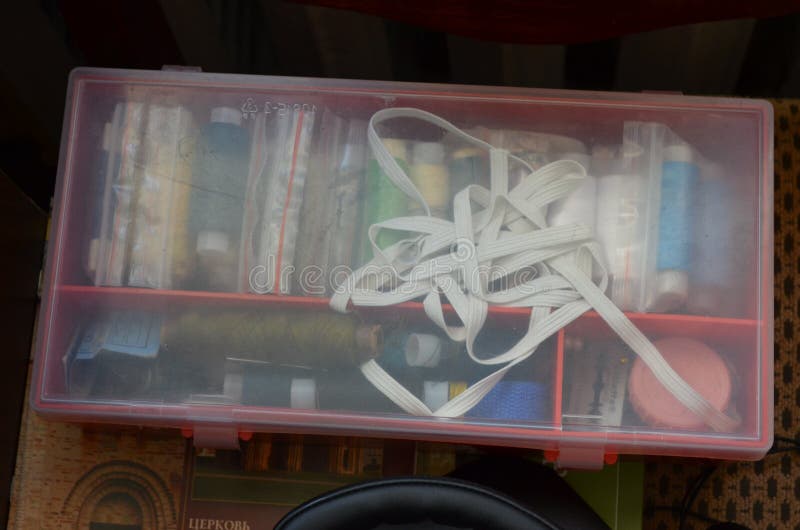 A box of threads. stock photo. Image of signage, glass - 235544520