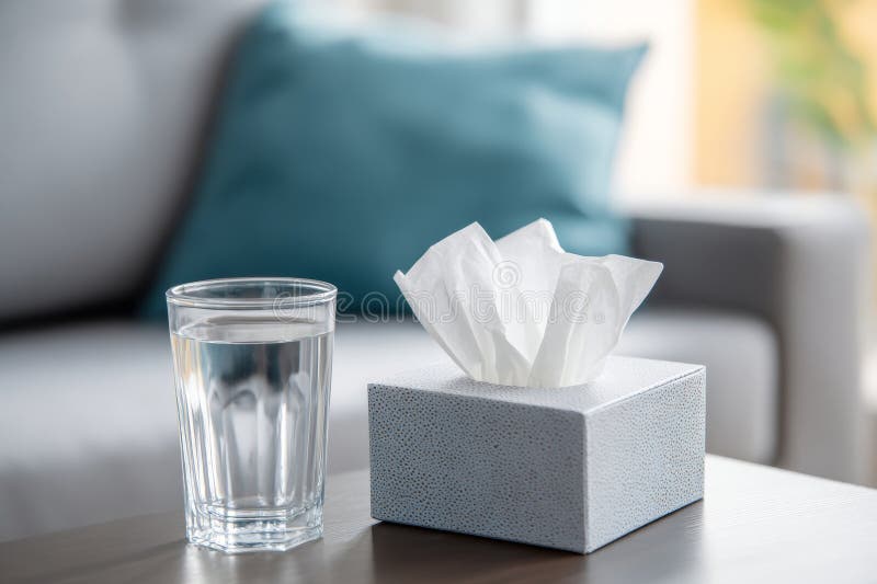 A Box of Tissues and a Glass of Water Rest on a Side Table, Providing ...