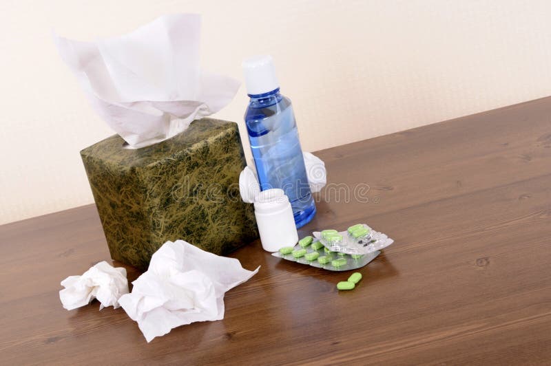 Box of Tissues with Cold and Flu Medicine on a Wood Table, Winter ...