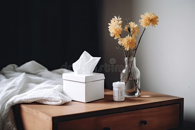 Box of Tissues and Nasal Spray on Bedside Table Stock Photo - Image of ...