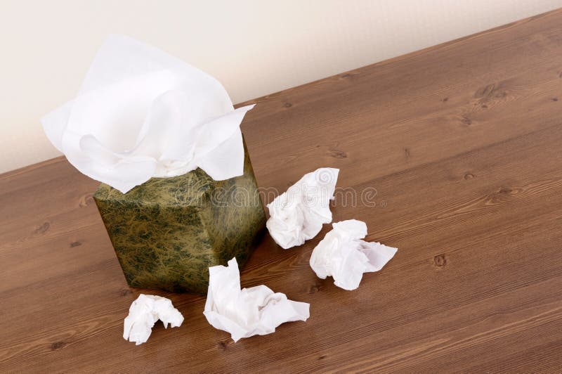 Tissue Box with Used Crumpled Tissues on a Wood Table, Copy Space Stock ...