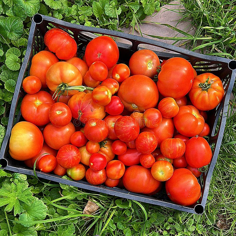 Box with Tomatoes, Harvest of Tomatoes from the Plot, Different Sizes ...