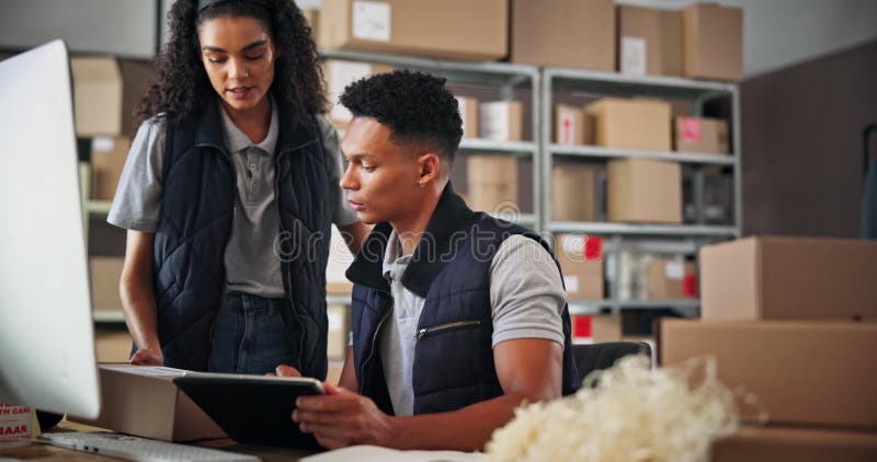 Box, Training and People on Tablet in Warehouse for Distribution Stock ...
