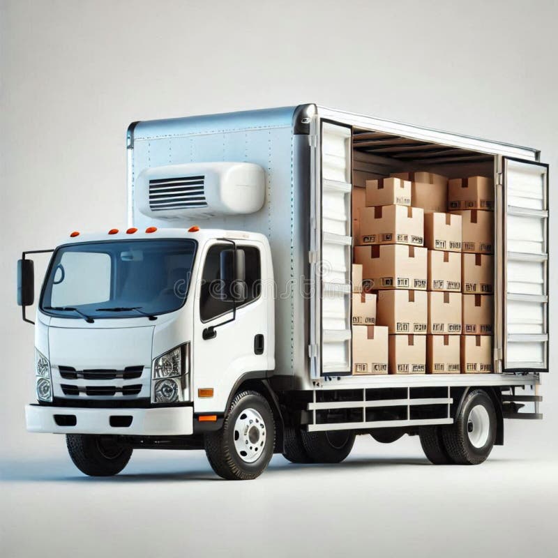 Box Truck Delivering Packages Isolated on White Background 3 Stock ...