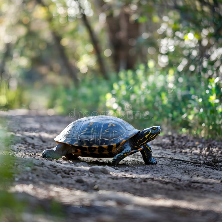Box Turtle Crossing Dirt Path, Intricate Shell Patterns Framed by Sunny ...