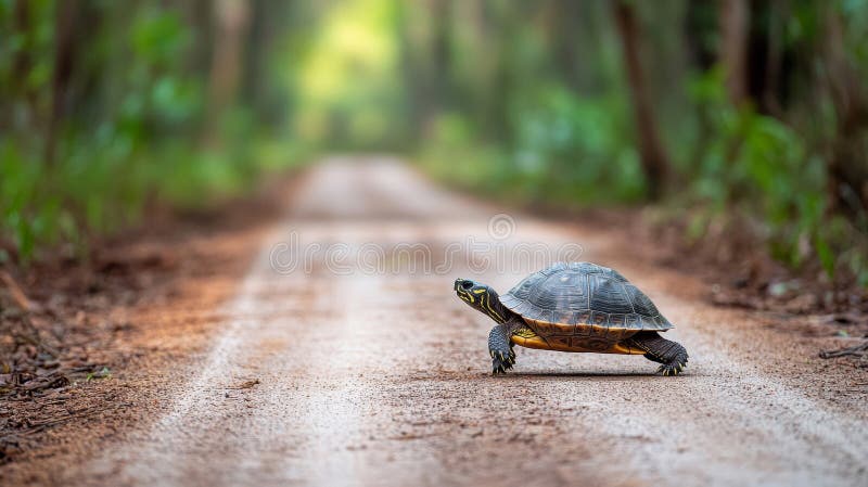A Box Turtle Slowly Walking Down a Dirt Road Surrounded by Lush Green ...