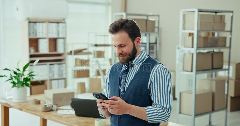 Box, Typing and Man with Smartphone, Office and Communication for Order ...
