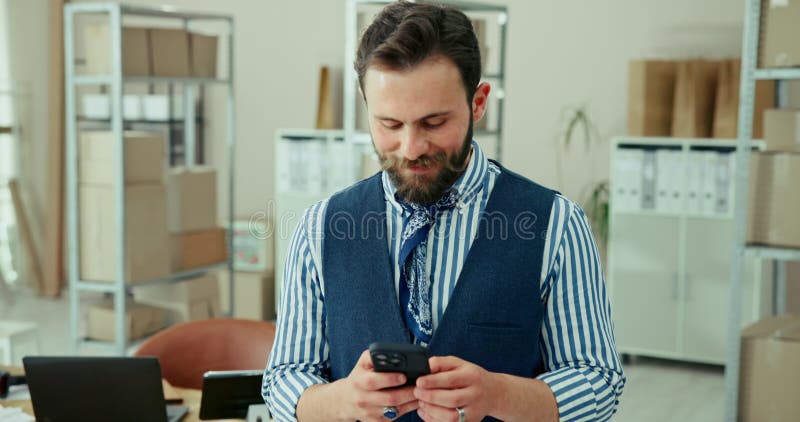 Box, Typing and Man with Smartphone, Smile and Communication for Order ...