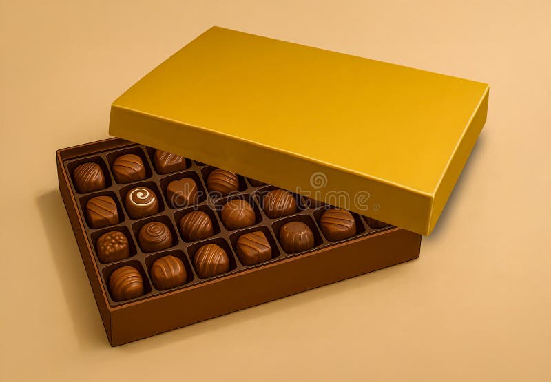 Box of Various Kinds of Gourmet Luxury Chocolate and Golden Lid Stock ...