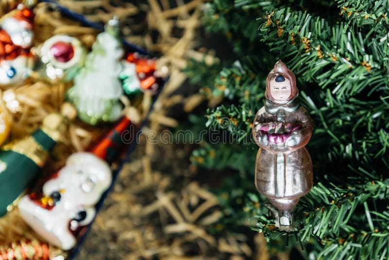 Box with Vintage Glass Christmas Toys Under the Tree Top View Stock ...