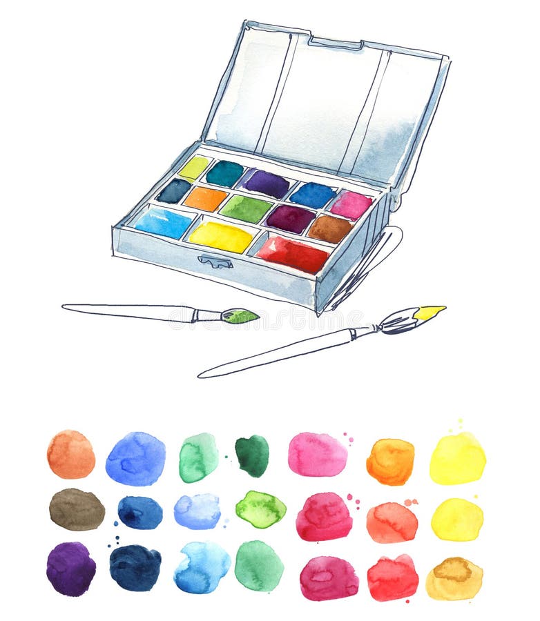 Box of Watercolor Paints and Brushes and Color Palette Illustration ...