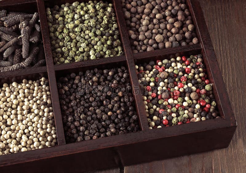 Box with White Pepper, Black Pepper, Green Pepper, Five Peppercorns ...