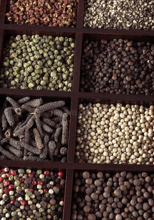 Box with White Pepper, Black Pepper, Green Pepper, Five Peppercorns ...