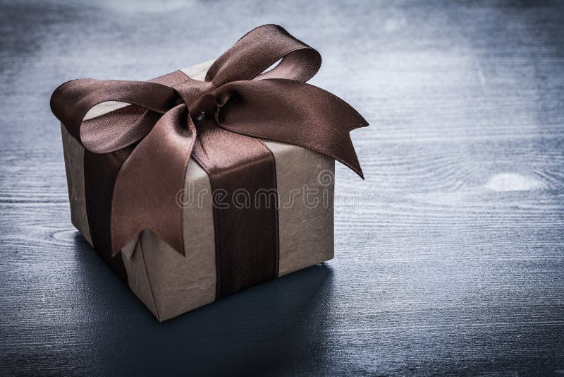 Boxed Present with Ribbon on Wooden Wicker Matting Stock Image - Image ...