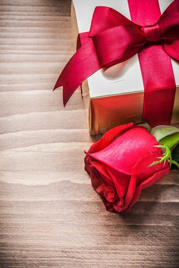 Boxed Present with Ribbon on Wooden Wicker Matting Stock Image - Image ...